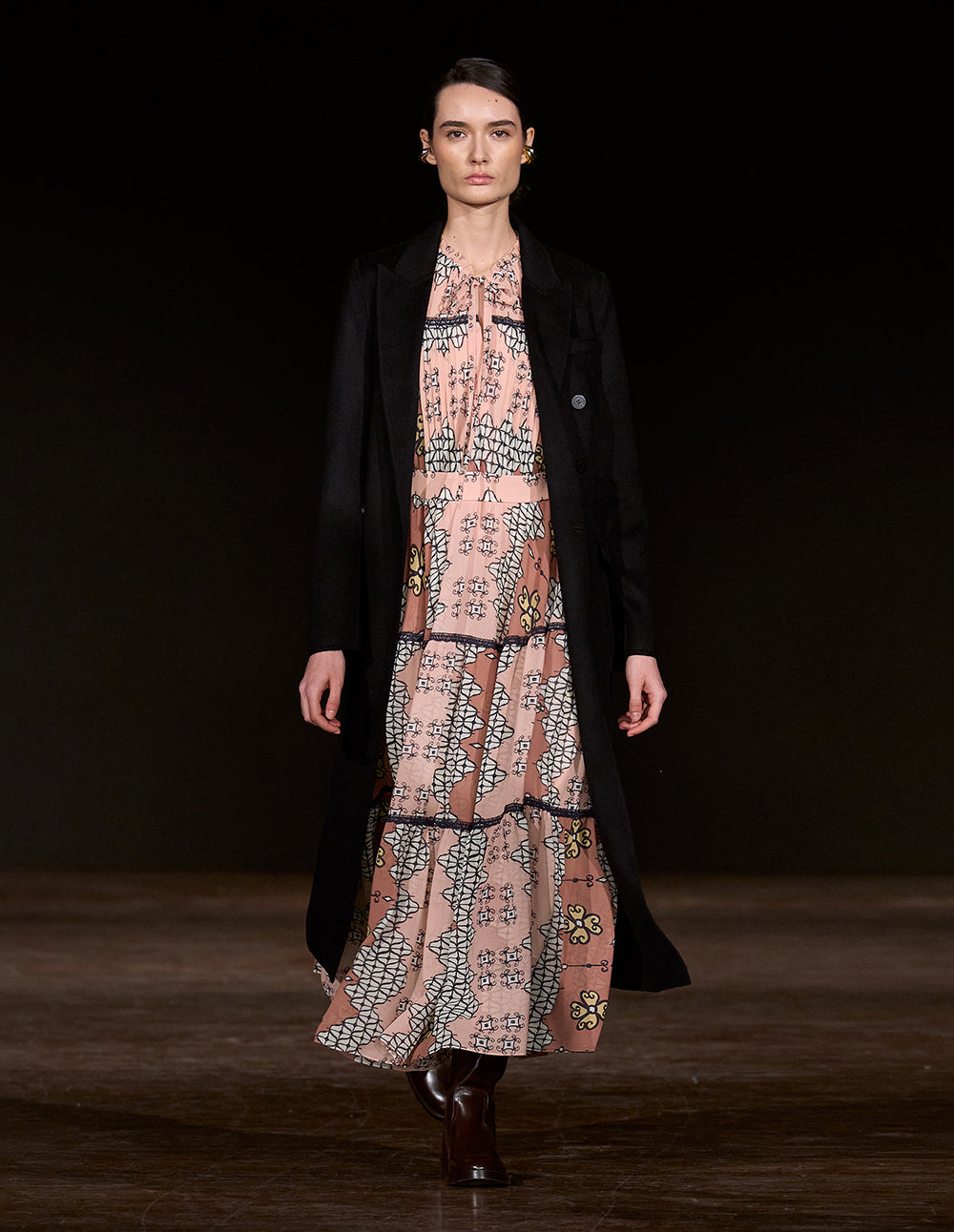 MARYLING Women's Ruffled V-Neck Short-Sleeve Empire-Waist Geometric Print Pleated Midi Dress