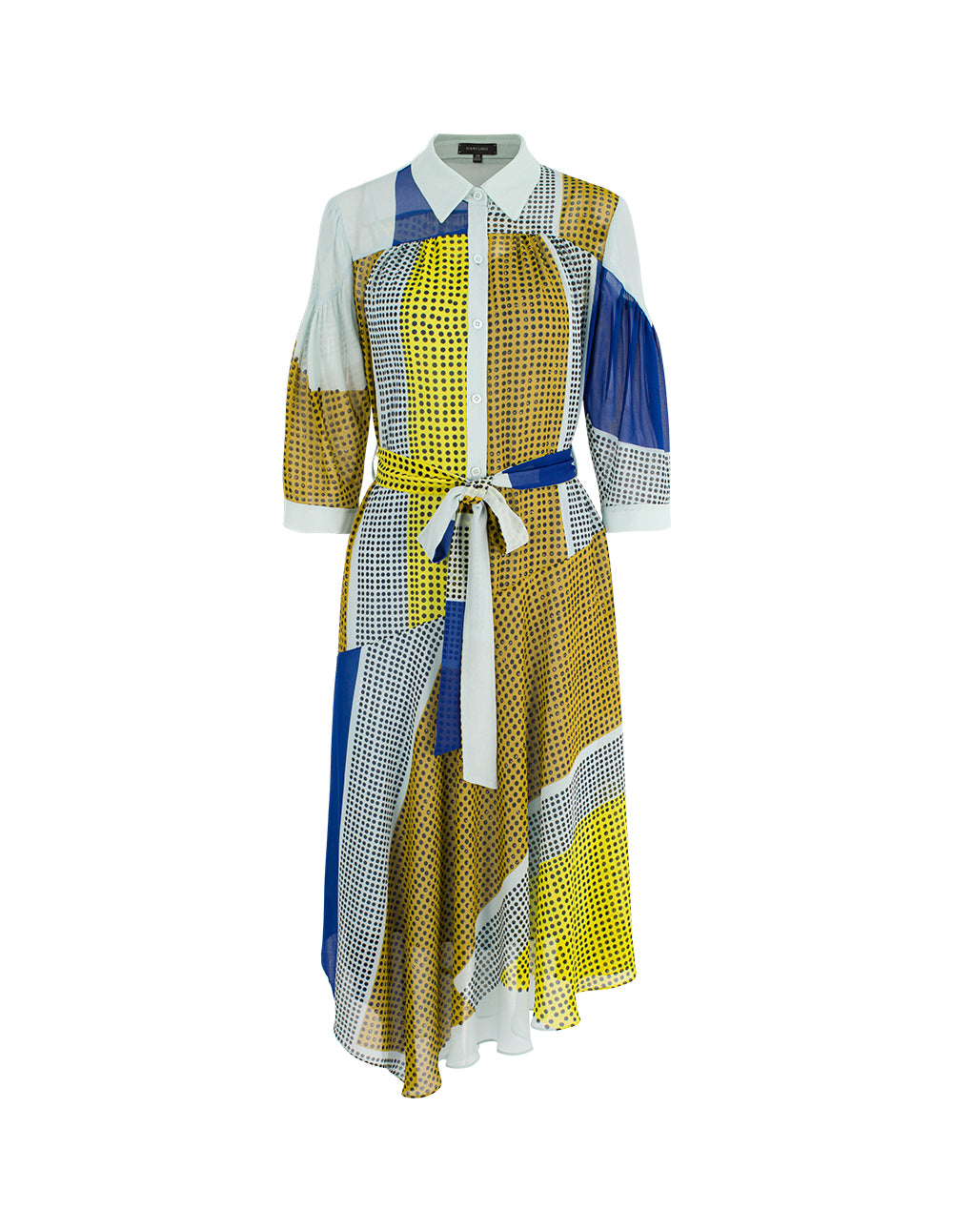 MARYLING Women's Lapel Long Sleeve Colorful Block Print Irregular Hem Shirt Dress