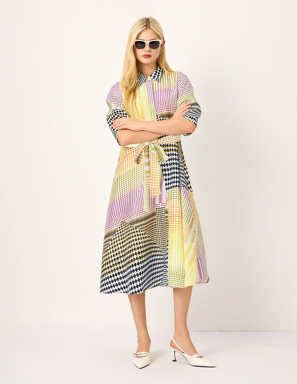 MARYLING Women's Color Block Rhombus Print Short Sleeve Midi Shirt Dress