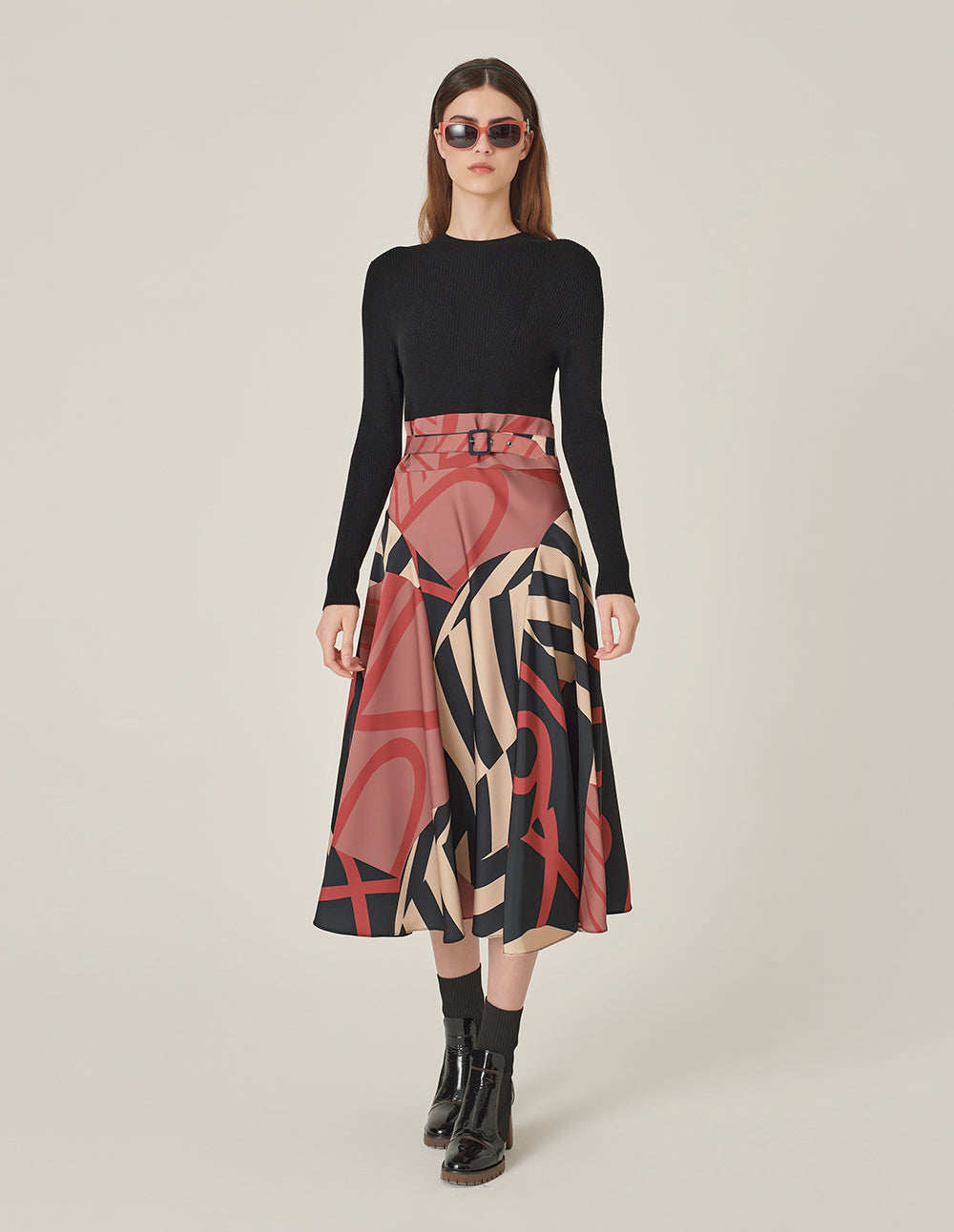 MARYLING Women's Round-Neck Long-Sleeve Knitted Printed Pleated Midi Dress