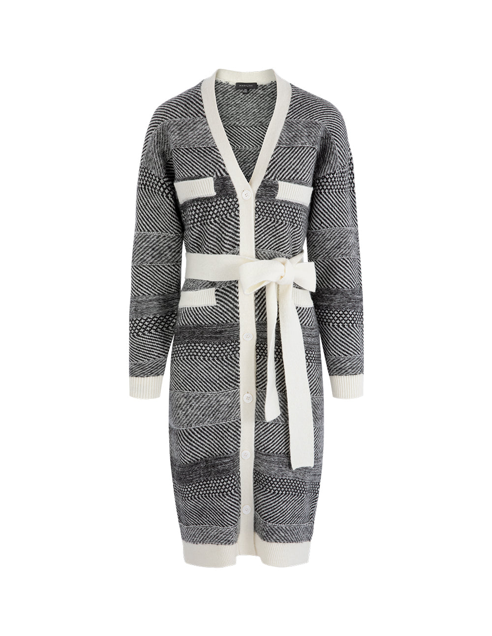 MARYLING Women's Gradient Light Gray Patterned Waisted Knitted Long Coat