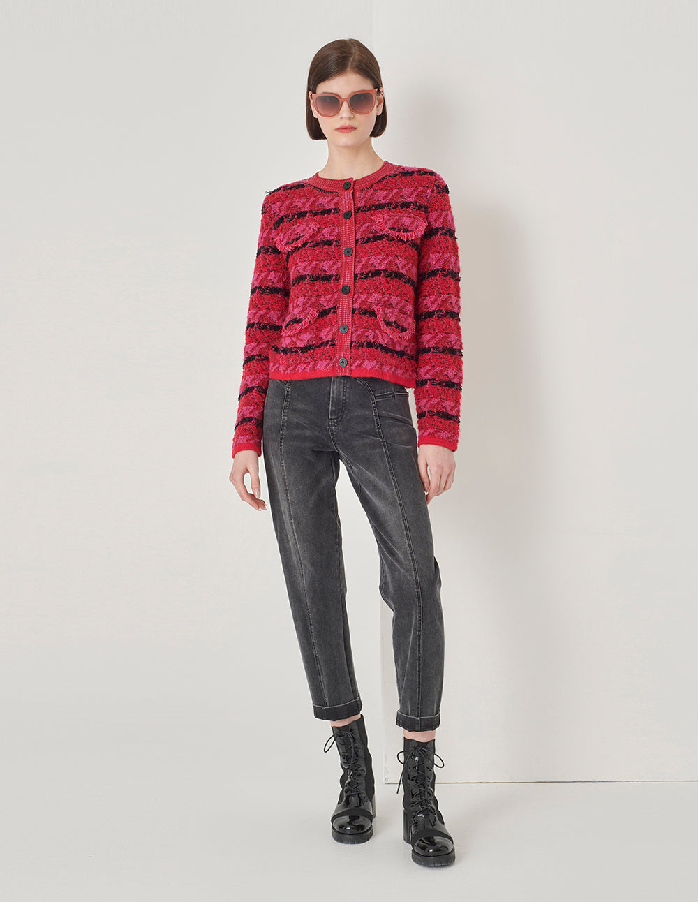 MARYLING Women's Raspberry Plaid Knitted Cardigan